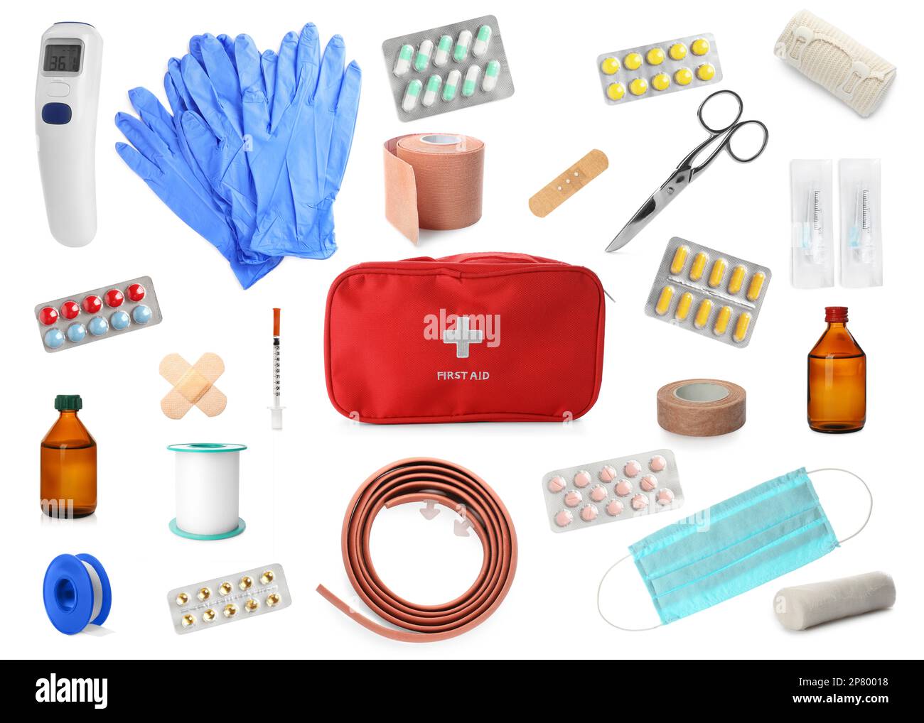 First aid kit. Set with different medical supplies on white background ...