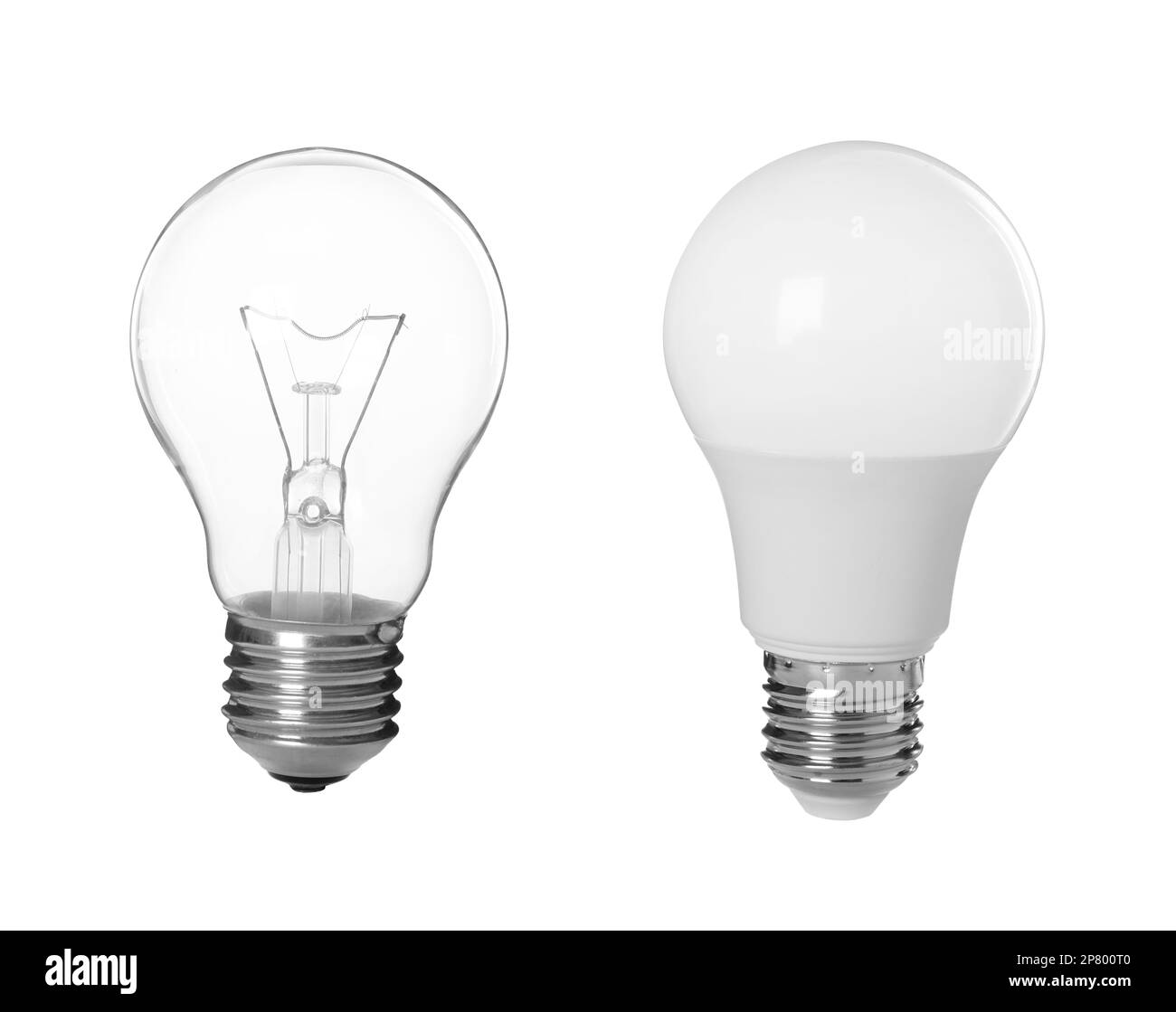 Comparison of two different light bulbs on white background, collage ...