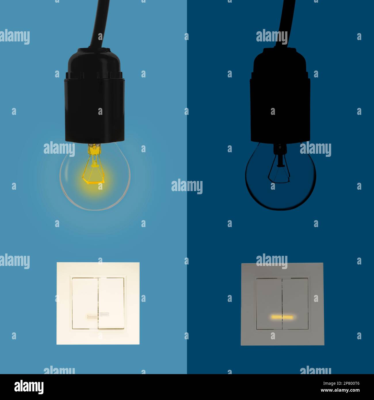 Turned ON and OFF light switches and bulbs, collage Stock Photo - Alamy