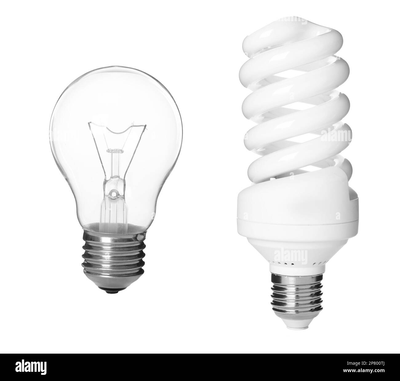 Comparison of two different light bulbs on white background, collage ...