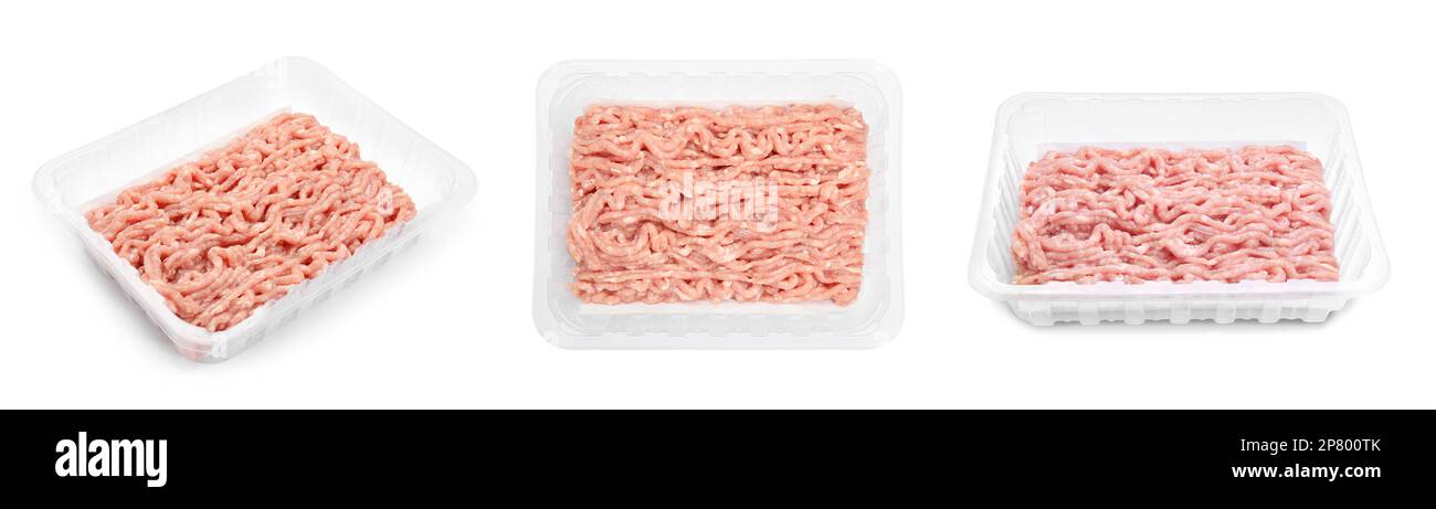 Set with fresh raw chicken minced meat on white background. Banner ...