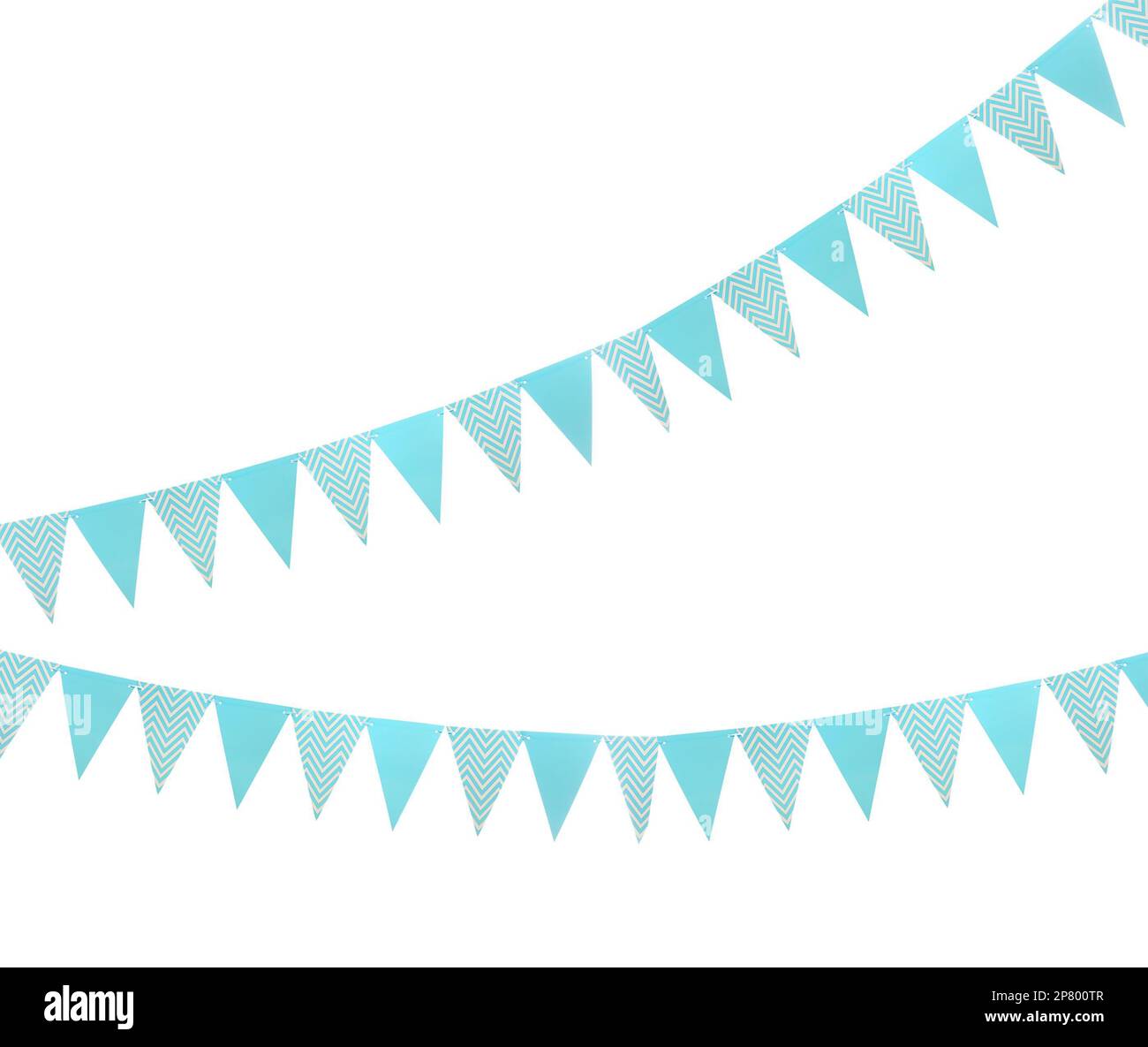 Light blue triangular bunting flags on white background. Festive decor ...