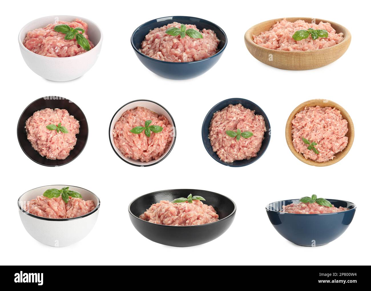 Set with fresh raw chicken minced meat on white background Stock Photo ...