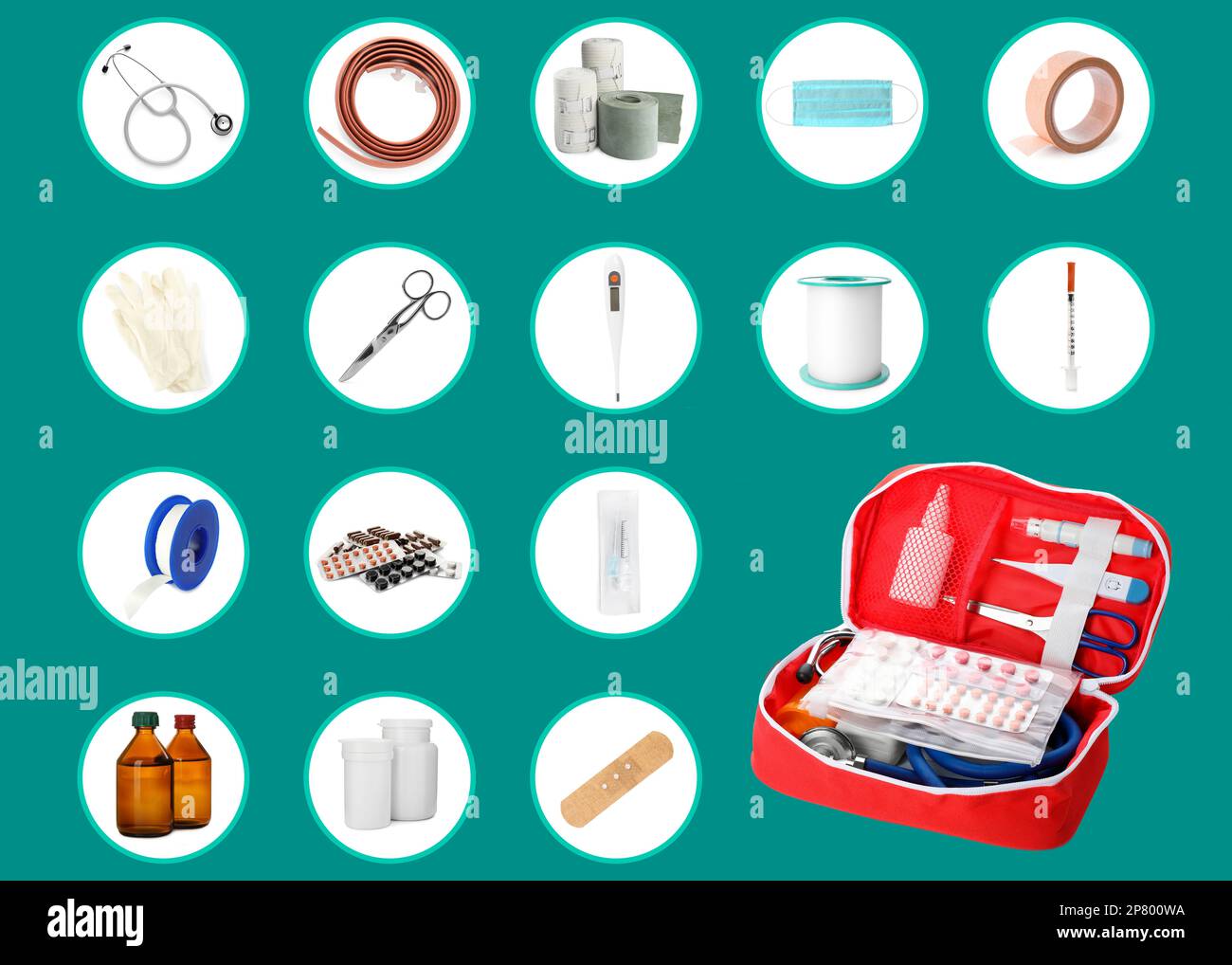 First aid kit. Different medical supplies on color background, collage ...