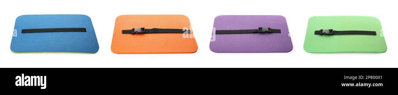 Set with colorful foam tourist seat mats on white background. Banner ...