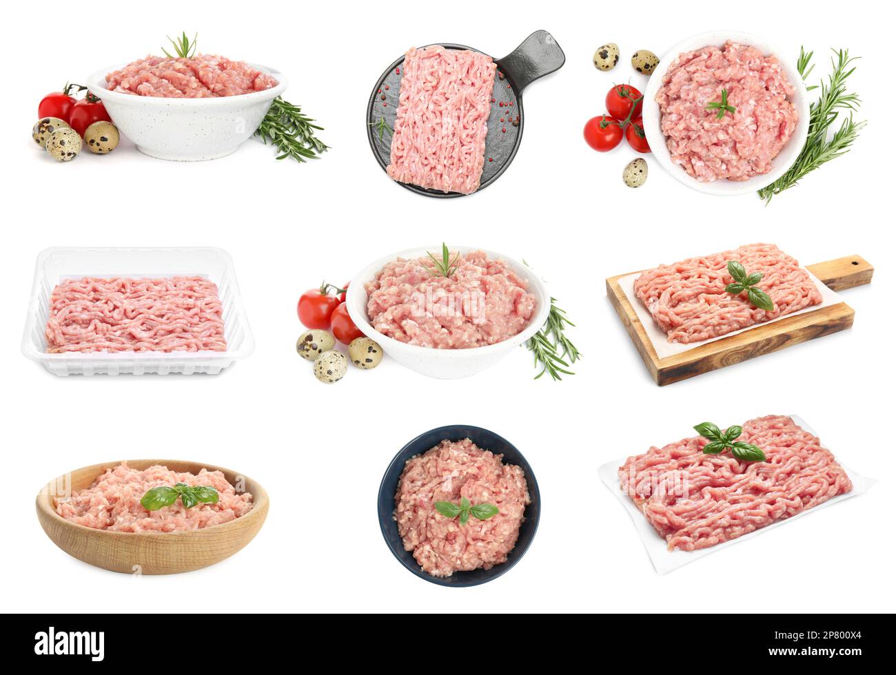 Set with fresh raw chicken minced meat on white background Stock Photo ...