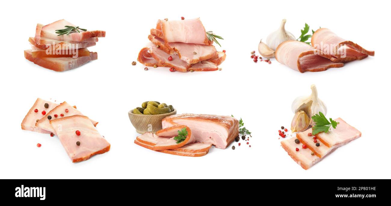 Delicious smoked bacon on white background, collage. Banner design ...