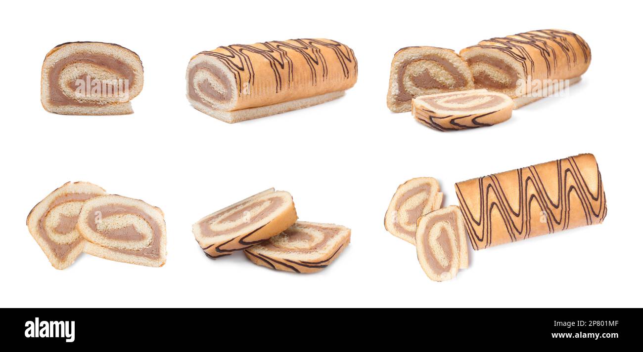 Set with tasty cake rolls on white background. Banner design Stock ...