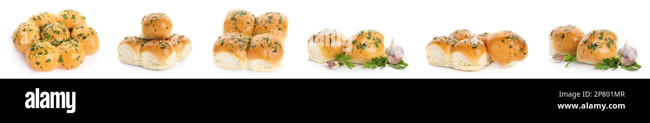 Traditional Ukrainian buns (Pampushky) on white background, collage ...