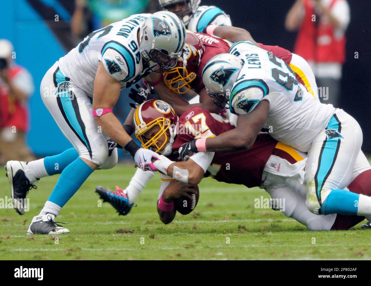 Washington Redskins' Jason Campbell (17) is sacked by Carolina Panthers ...