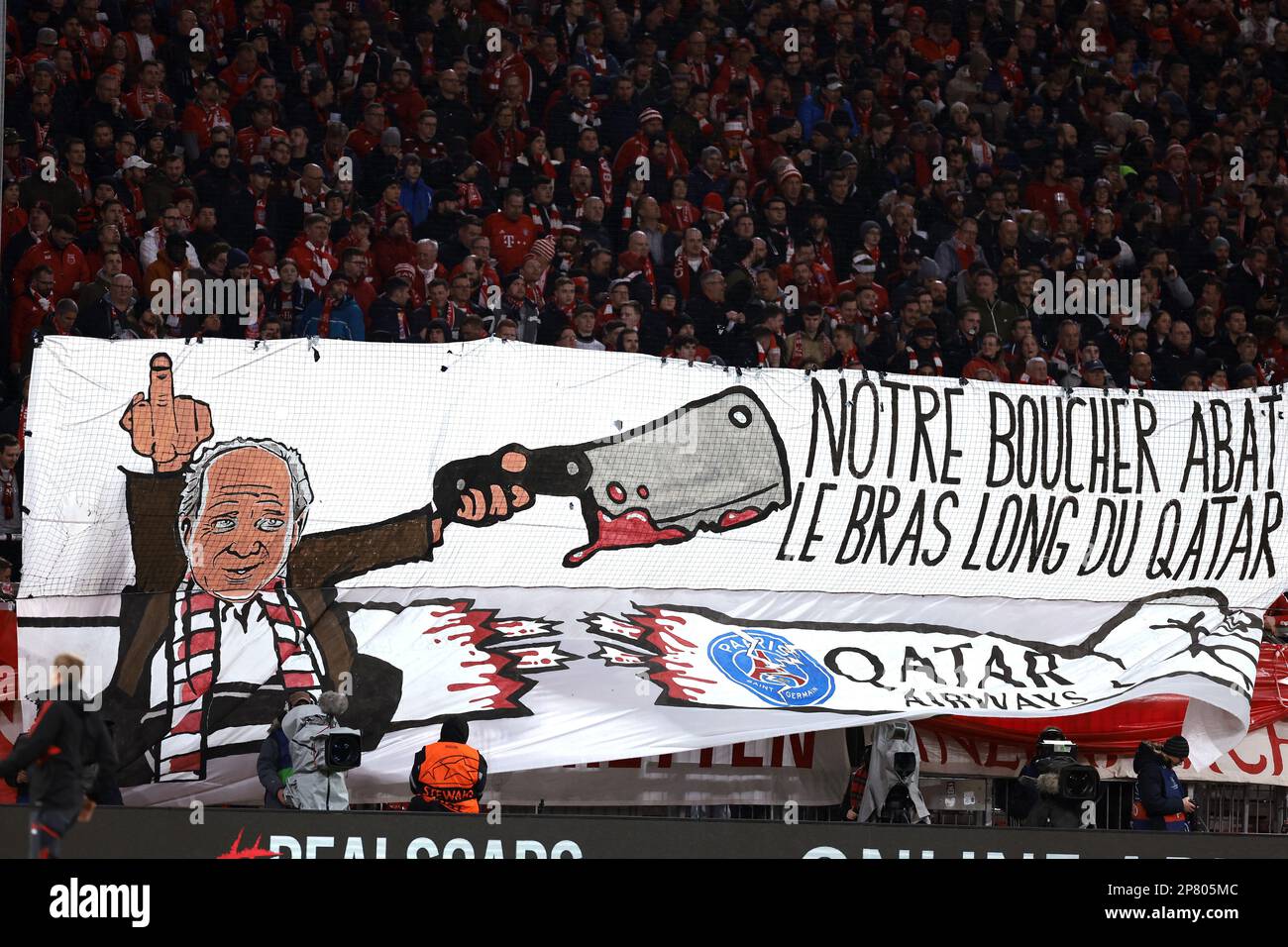 Munich, Germany. 8th Mar, 2023. FC Bayern Munich fans display a banner ...