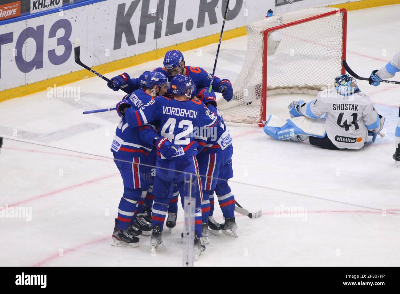 Dinamo Hockey Club player, Konstantin Shostak (No.41) and SKA Hockey Club player, Nikita Gusev ...