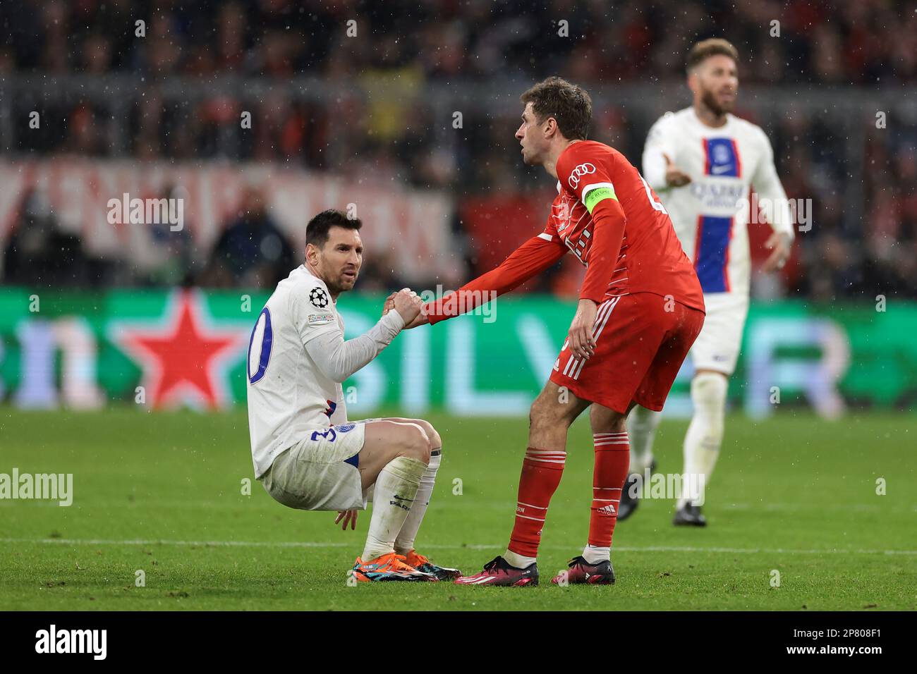 Munich, Germany. 8th Mar, 2023. Thomas Muller of Bayern Munchen helps ...