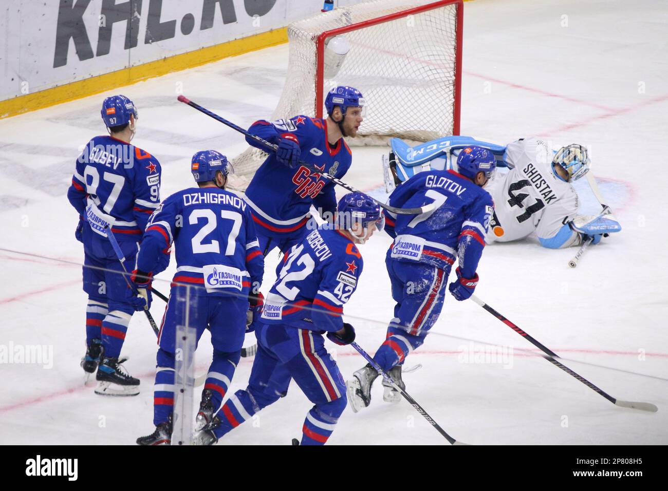 Dinamo Hockey Club player, Konstantin Shostak (No.41) and SKA Hockey Club player, Nikita Gusev ...