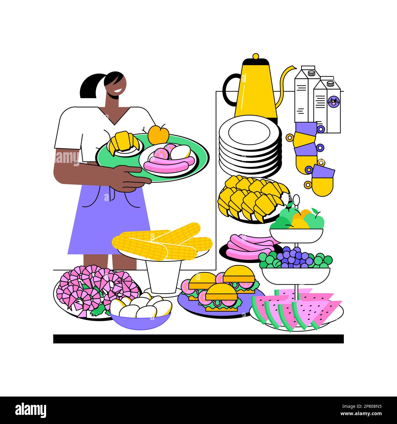 Buffet breakfast isolated cartoon vector illustrations. Young girl ...