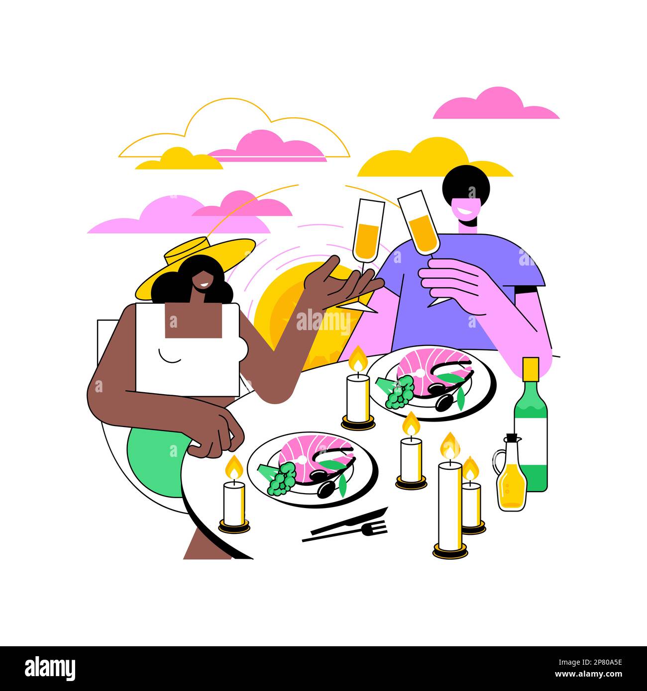 Romantic dinner isolated cartoon vector illustrations. Young couple ...