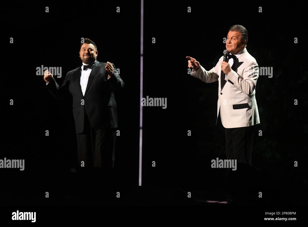 Moscow Region. Singers Sergei Zhukov and Lev Leshchenko (right) at the Victoria 2022 Russian ...