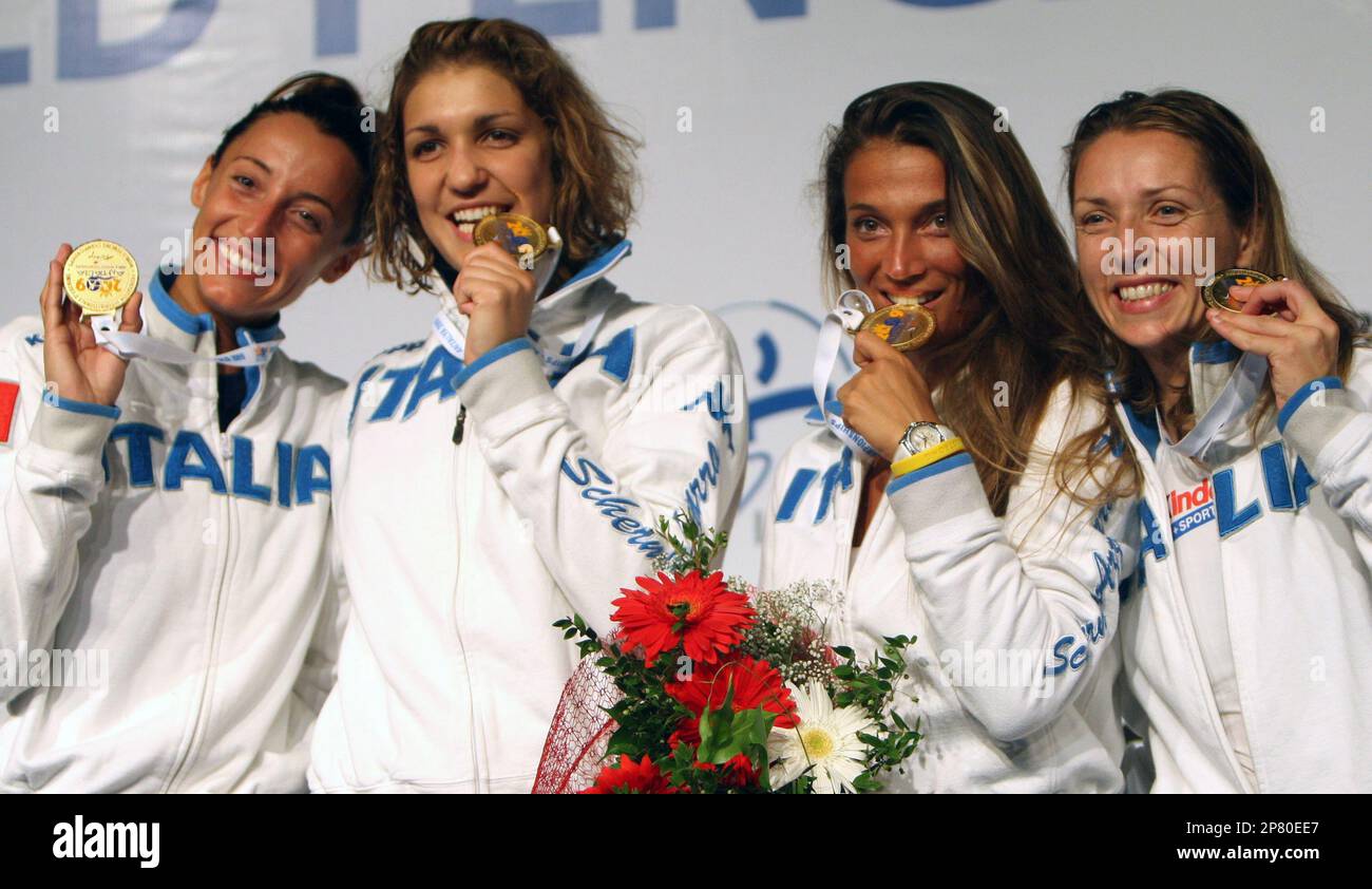 Gold medalist Italian fencers, display their medals, during the medal ...