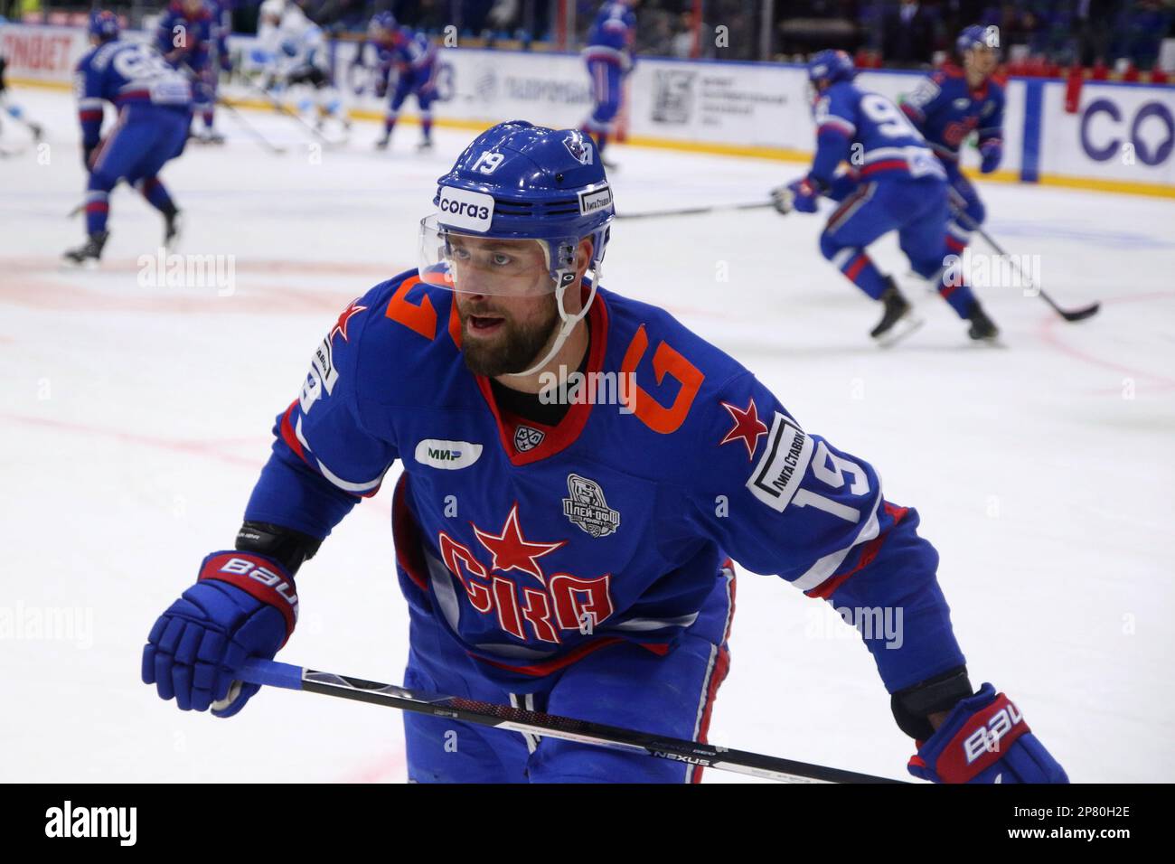 SKA Hockey Club player, Nikita Komarov (No.19) seen in action during ...