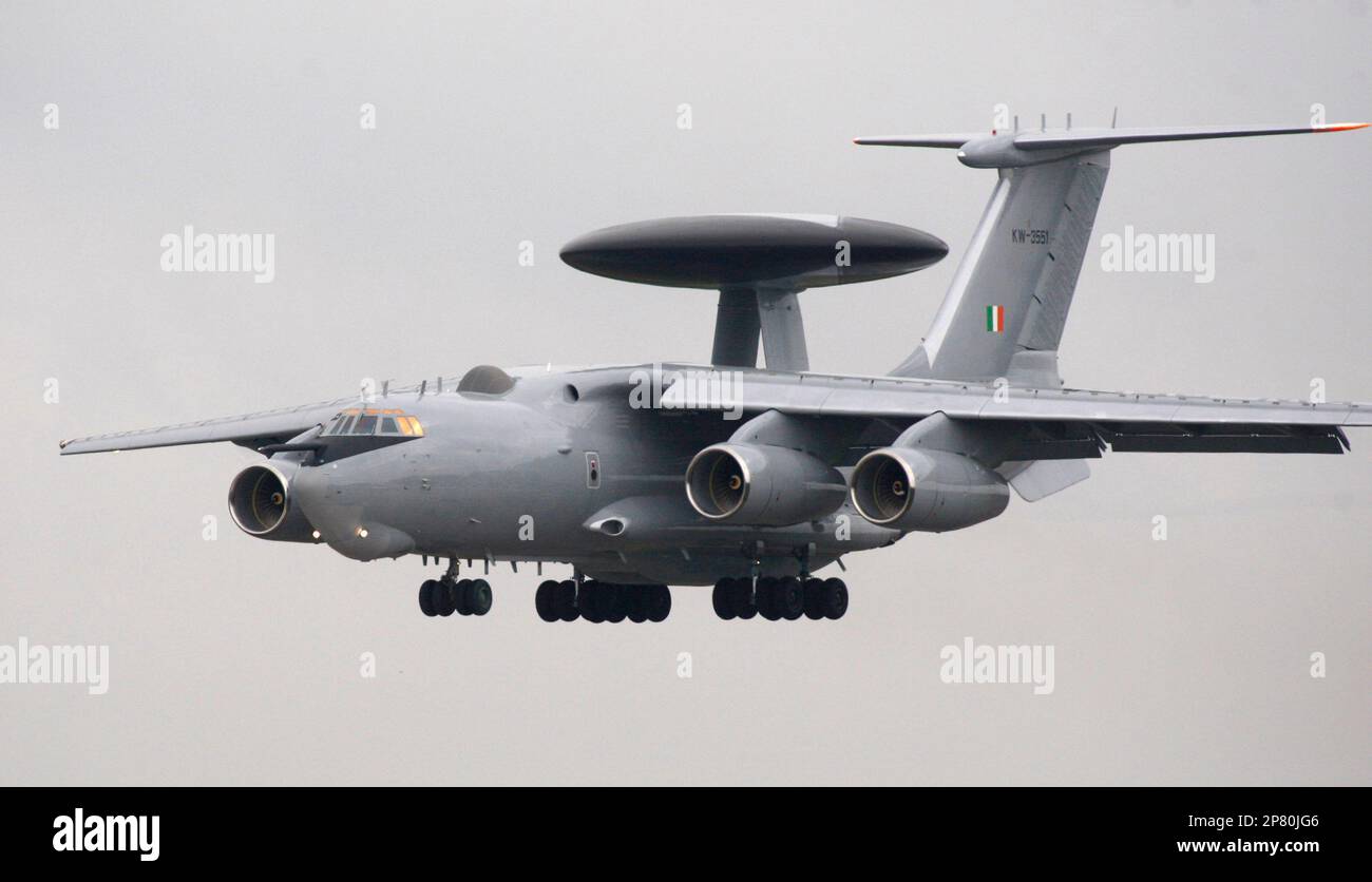An Indian Air Force (IAF) IL-76 aircraft mounted with an AWAC (Airborne ...