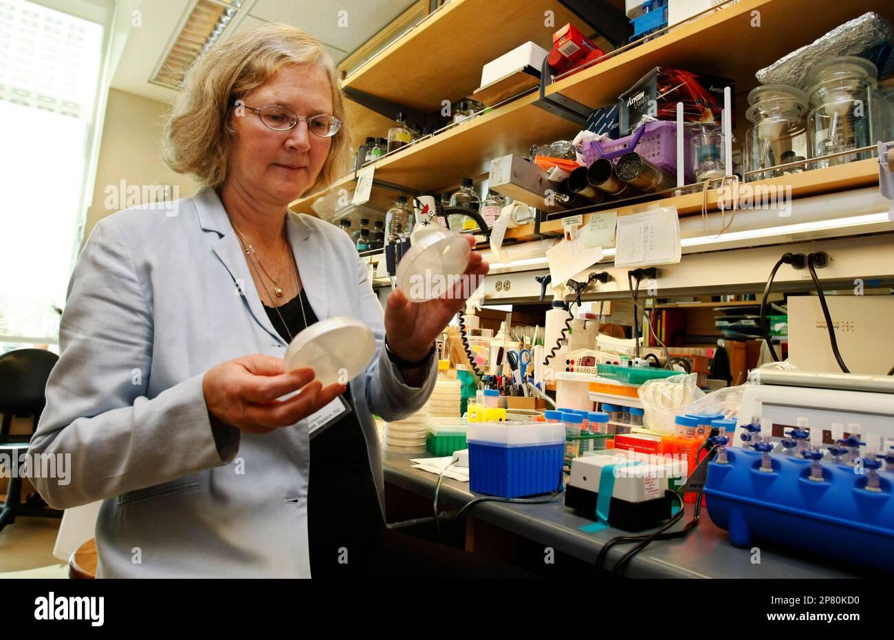 Elizabeth Blackburn looks at tests in her lab in San Francisco Monday ...