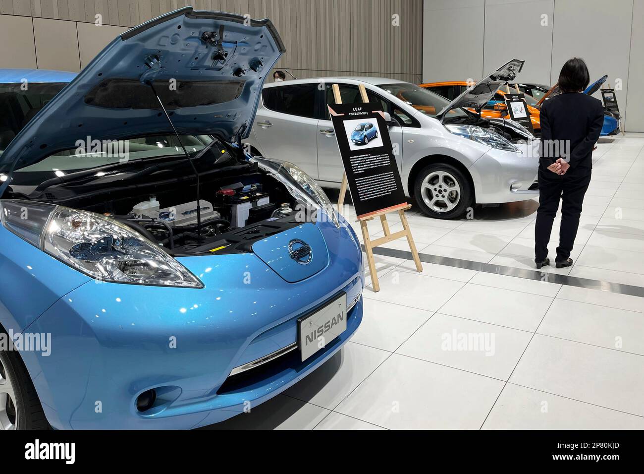 Nissan shows its ecological models at its Yokohama headquarters in Yokohama, Japan, Tuesday ...