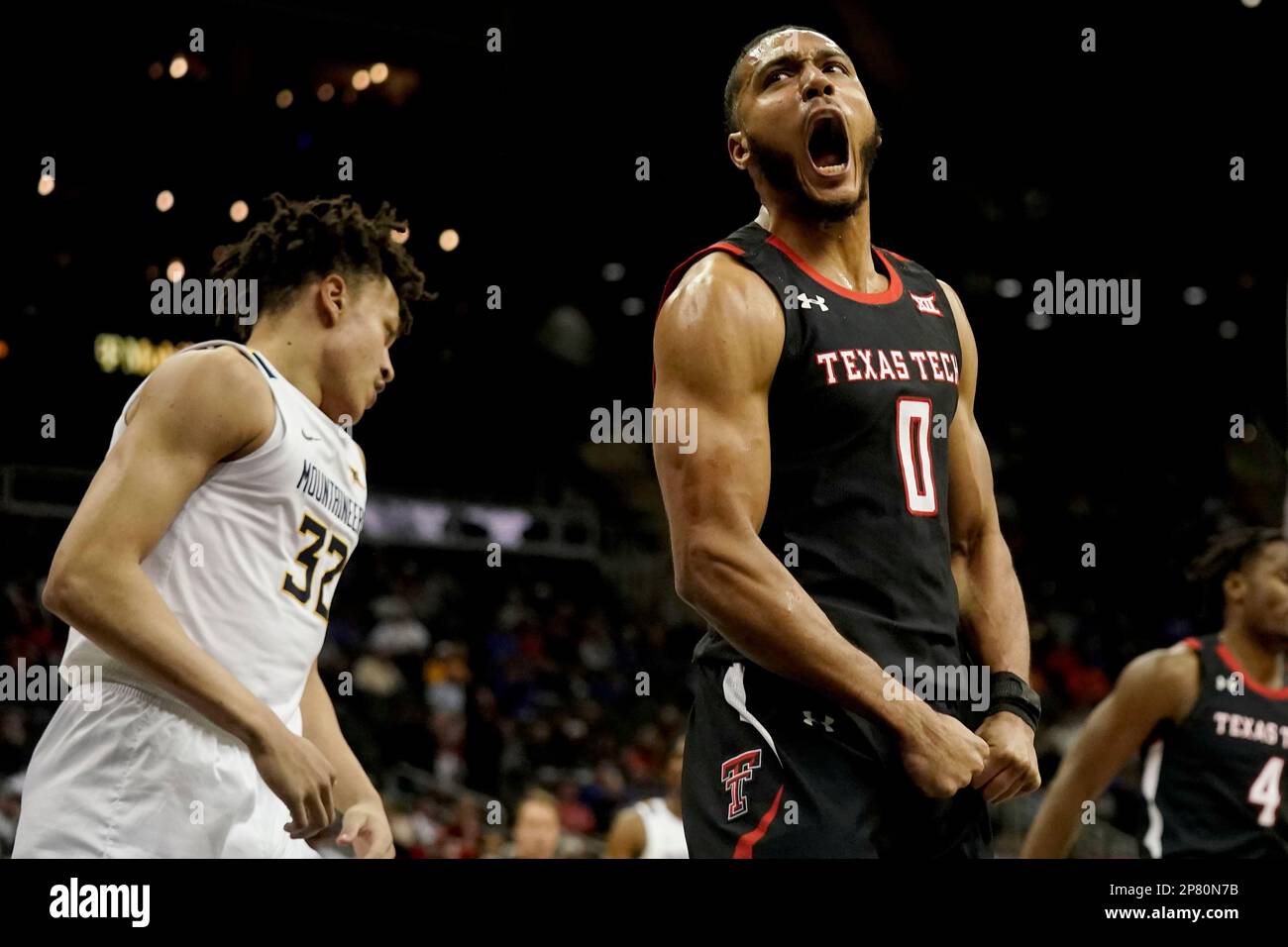 Texas Tech forward Kevin Obanor (0) celebrates after making a basket ...