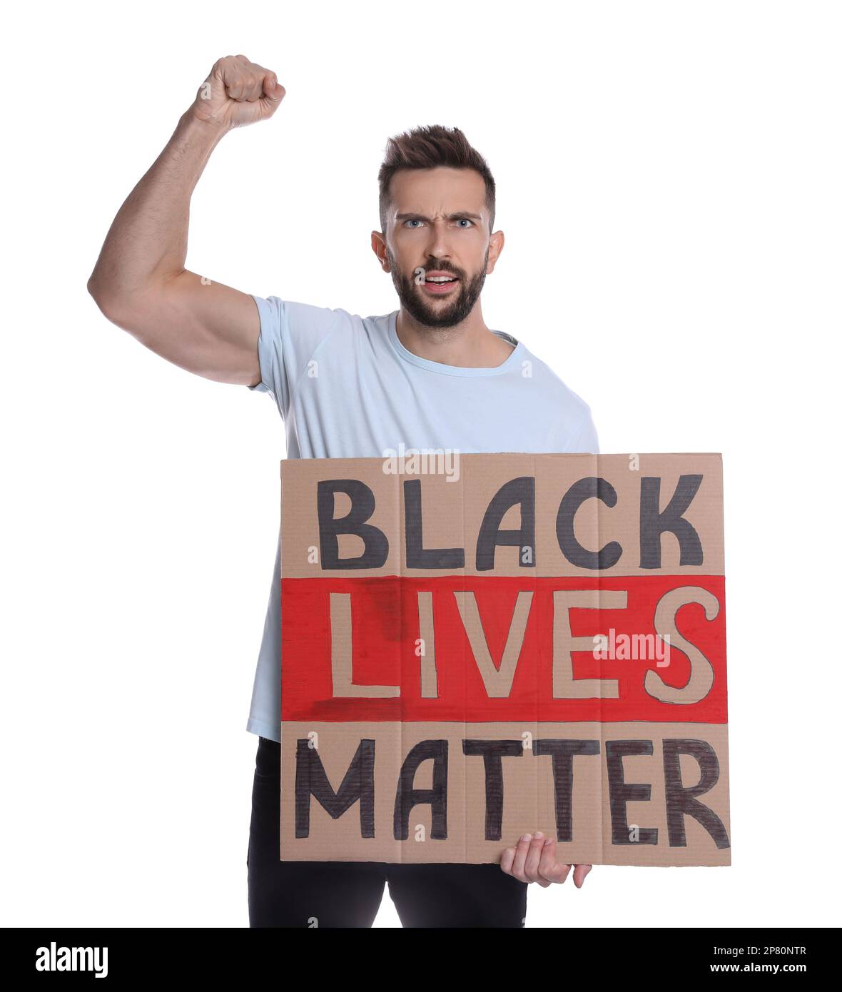 Emotional man holding sign with phrase Black Lives Matter on white ...
