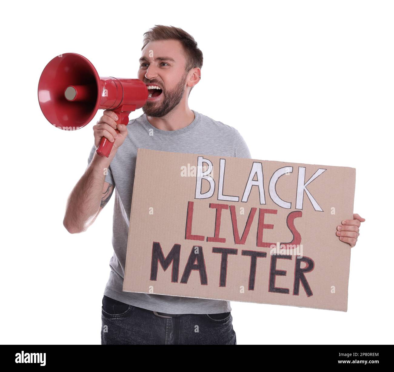 Emotional man shouting into megaphone while holding sign with phrase ...