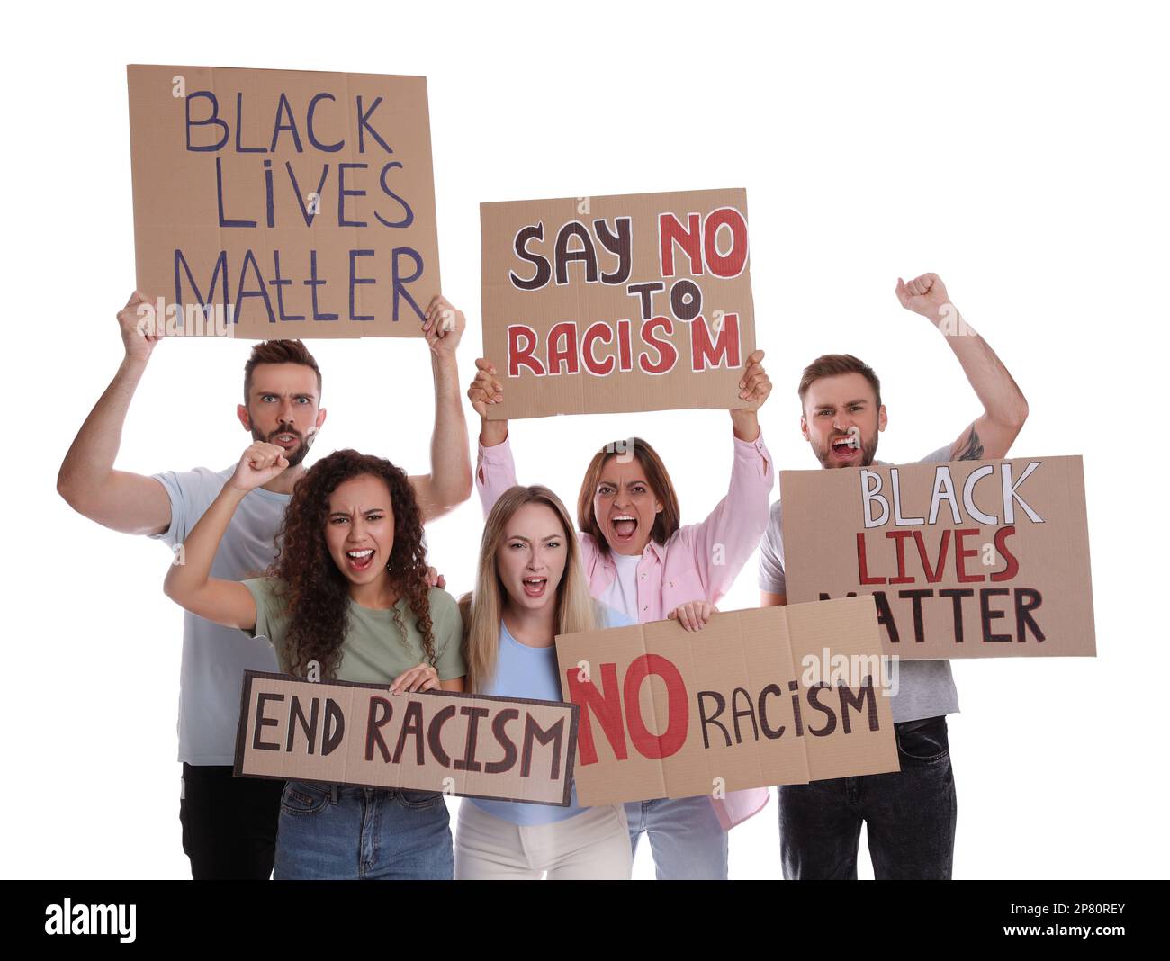 Protesters demonstrating different anti racism slogans on white ...