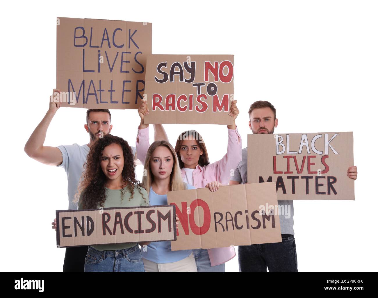 Protesters demonstrating different anti racism slogans on white ...