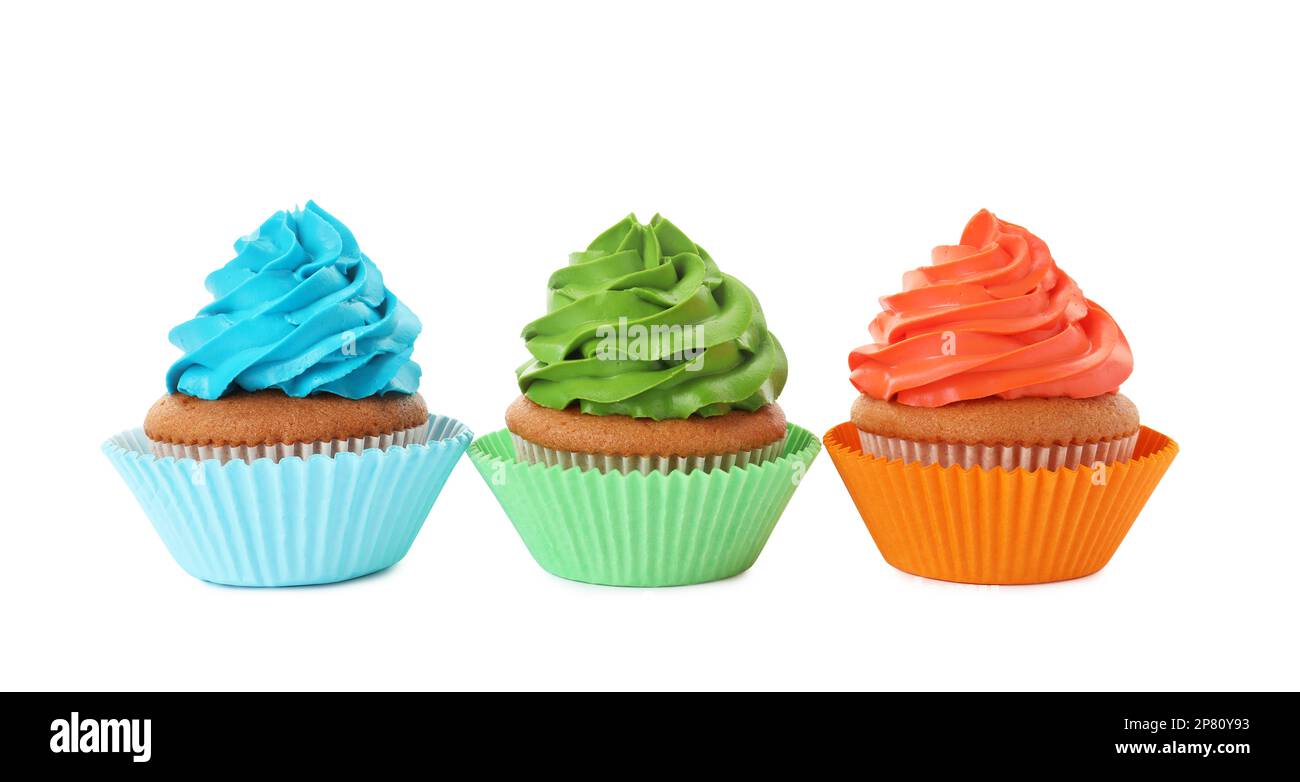 Different delicious colorful cupcakes on white background Stock Photo ...