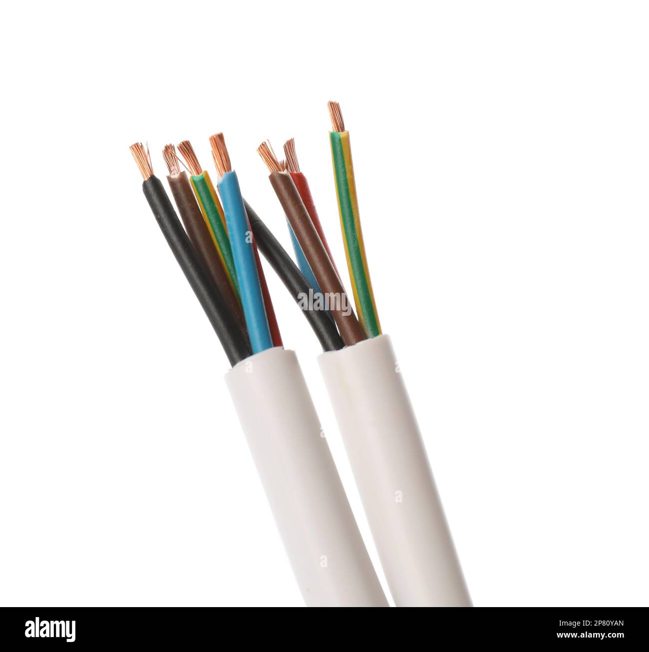 Cables with stripped wires on white background Stock Photo - Alamy