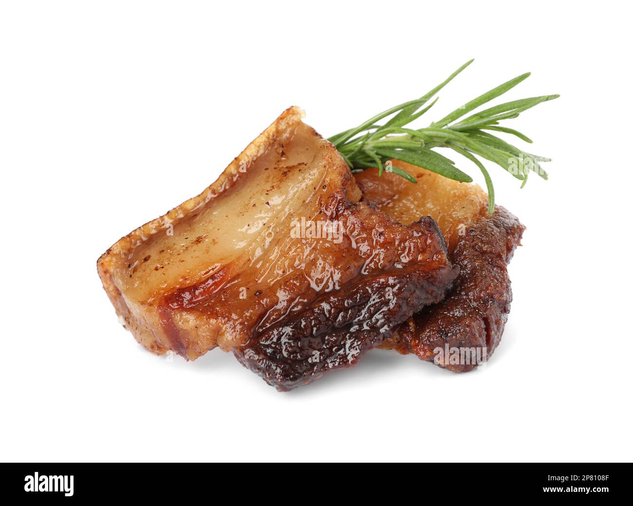Tasty fried cracklings with rosemary on white background. Cooked pork ...