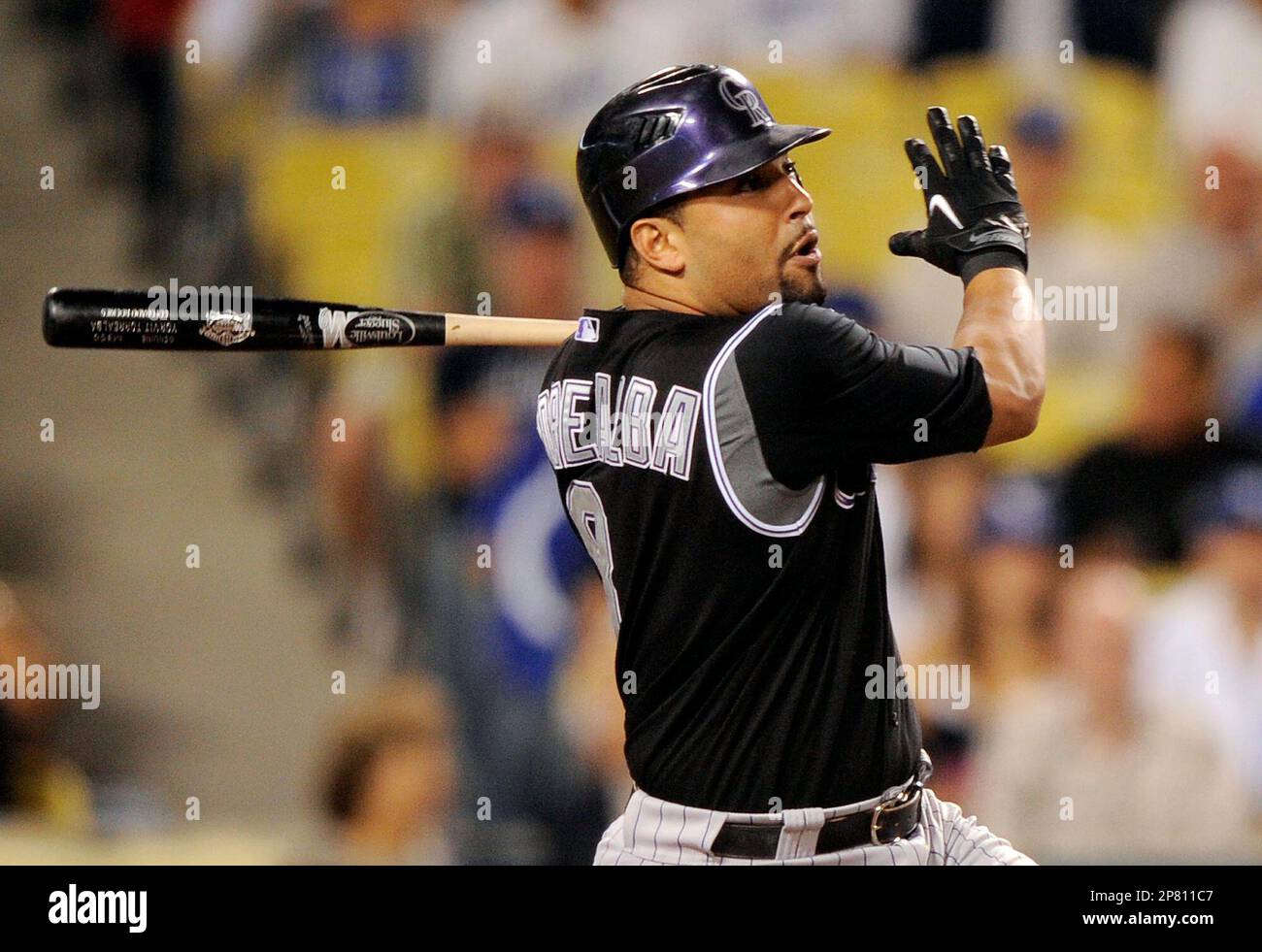 Colorado Rockies catcher Yorvit Torrealba hits a two-run RBI double ...