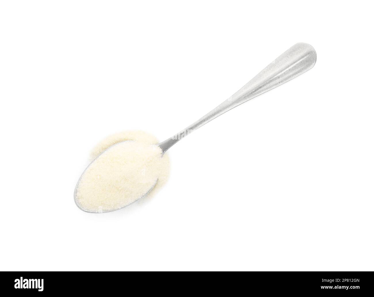 Spoon with gelatin powder isolated on white, top view Stock Photo - Alamy
