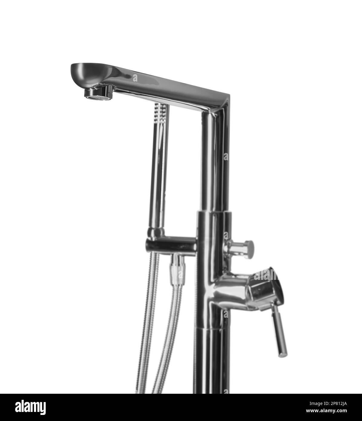 Modern bathtub water tap with hand shower on white background Stock ...