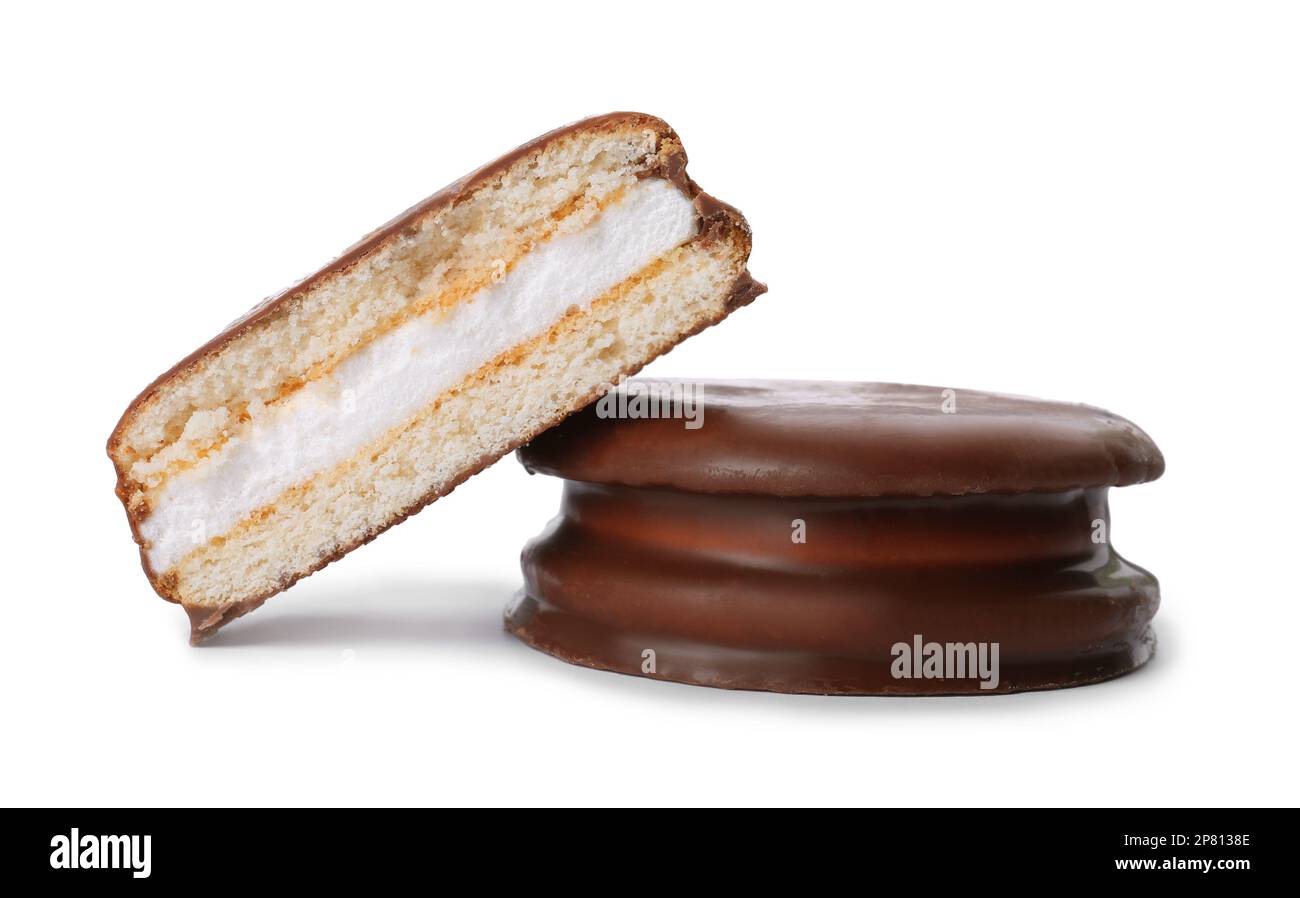 Delicious choco pies on white background. Classic snack cakes Stock ...
