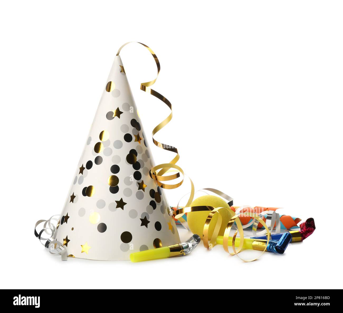 Party hat, blowers and confetti streamers on white background Stock ...