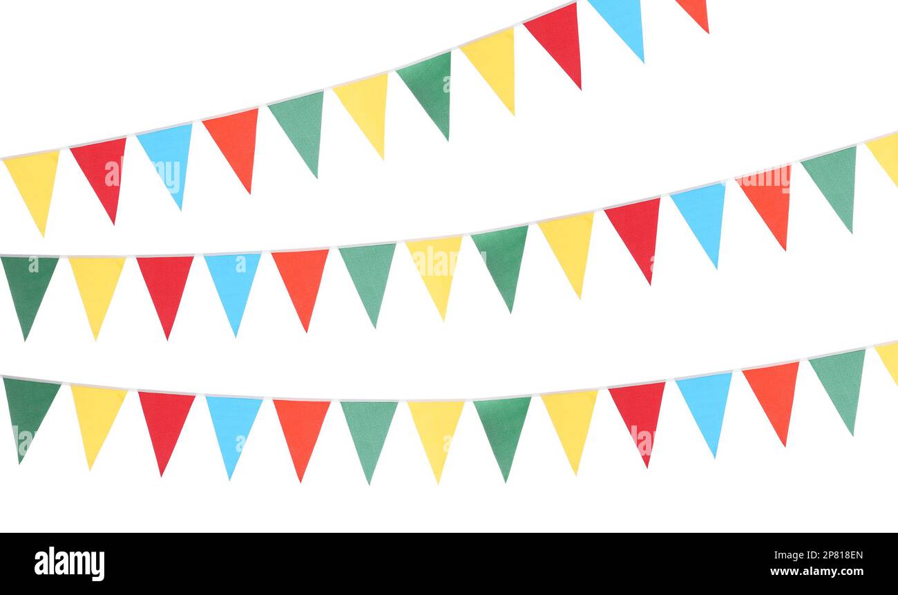Colorful triangular bunting flags on white background. Festive decor ...