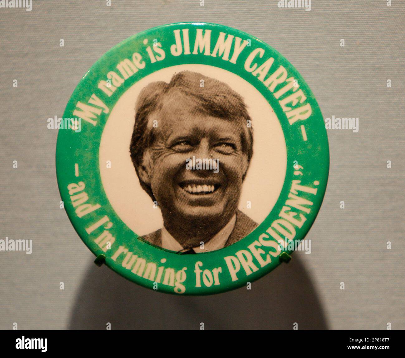 A Jimmy Carter campaign button is shown Tuesday, Sept. 28, 2009 at the ...