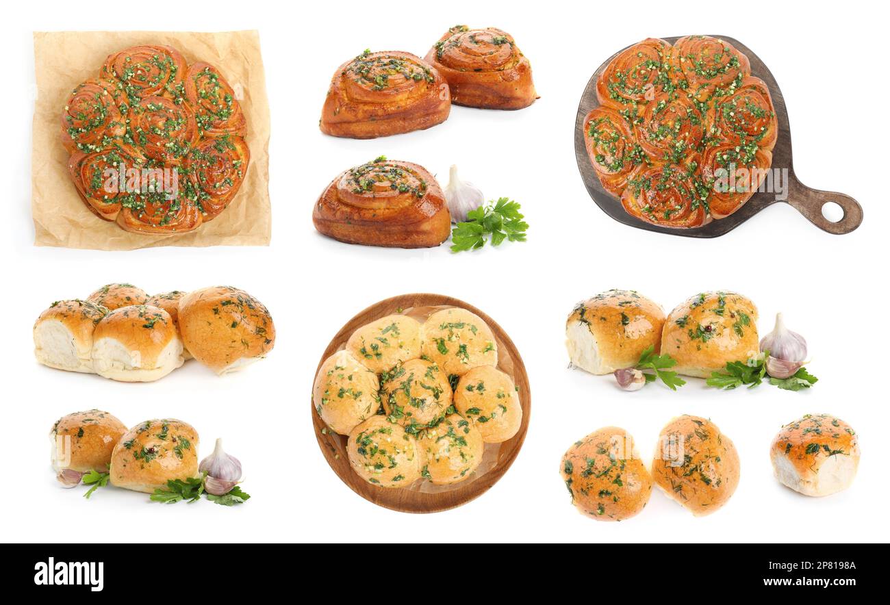 Traditional Ukrainian buns (Pampushky) on white background, collage ...