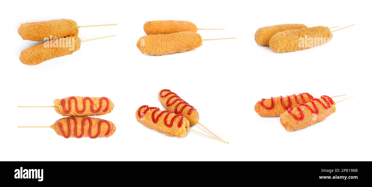 Set with delicious deep fried corn dogs on white background. Banner ...