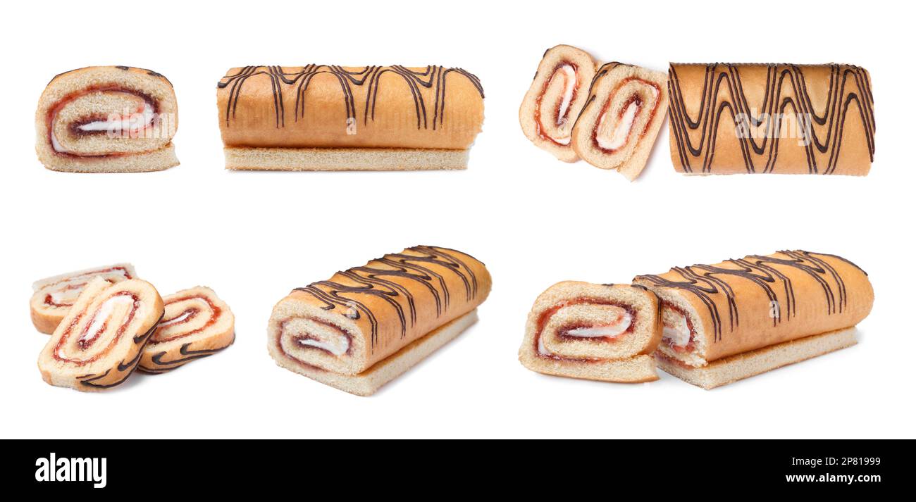 Set with tasty cake rolls on white background. Banner design Stock ...