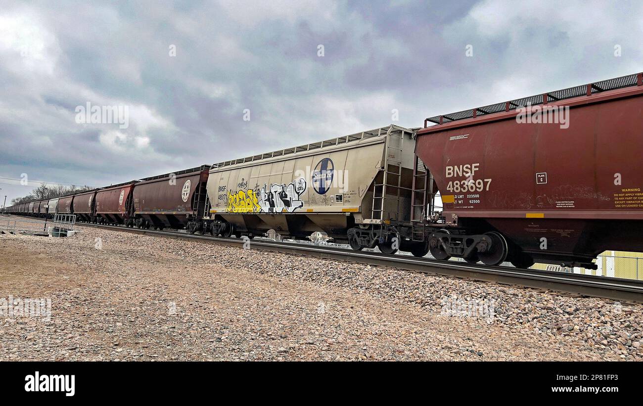 EMPORIA, KANSAS - MARCH 8, 2023 A BNSF freight train hauling grain ...