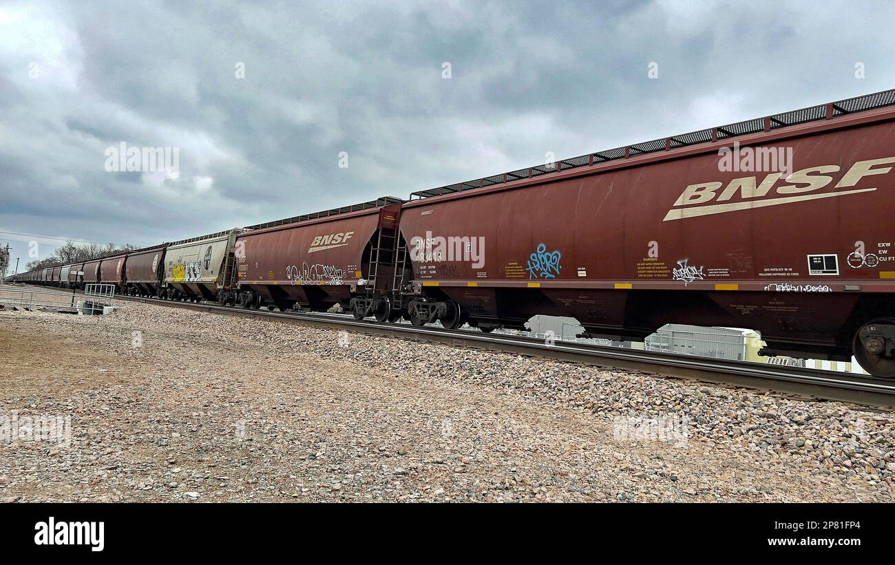 EMPORIA, KANSAS - MARCH 8, 2023 A BNSF freight train hauling grain ...