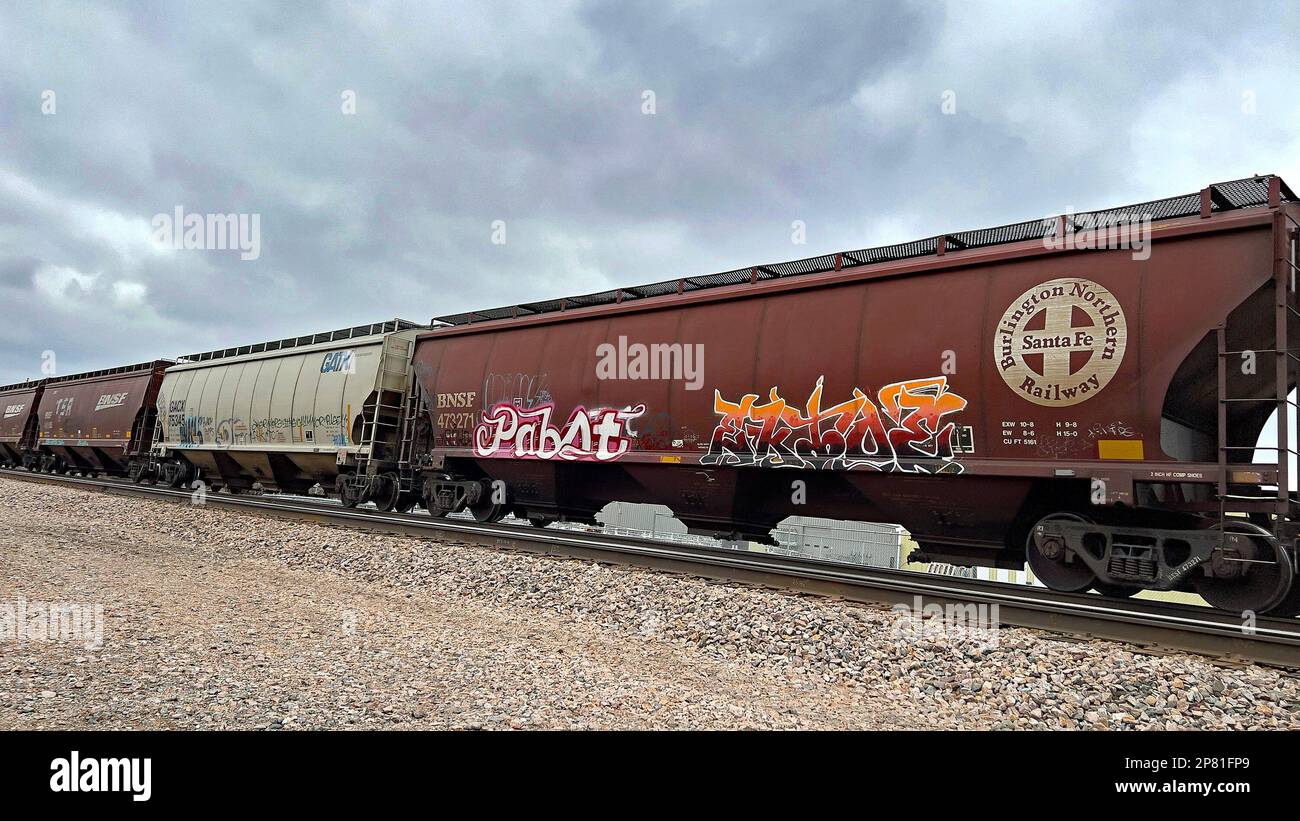 EMPORIA, KANSAS - MARCH 8, 2023 A BNSF freight train hauling grain ...