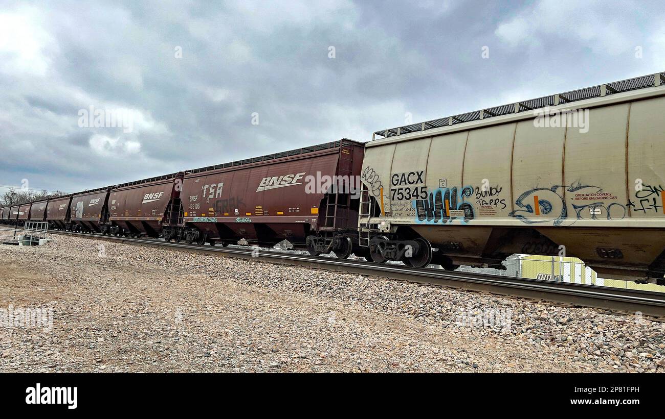 EMPORIA, KANSAS - MARCH 8, 2023 A BNSF freight train hauling grain ...