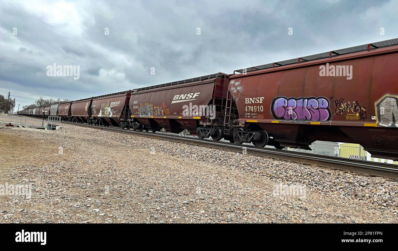 EMPORIA, KANSAS - MARCH 8, 2023 A BNSF freight train hauling grain ...