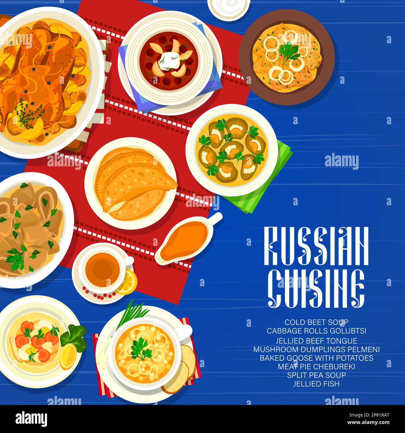 Russian cuisine food menu page cover design. Split pea soup, jellied ...